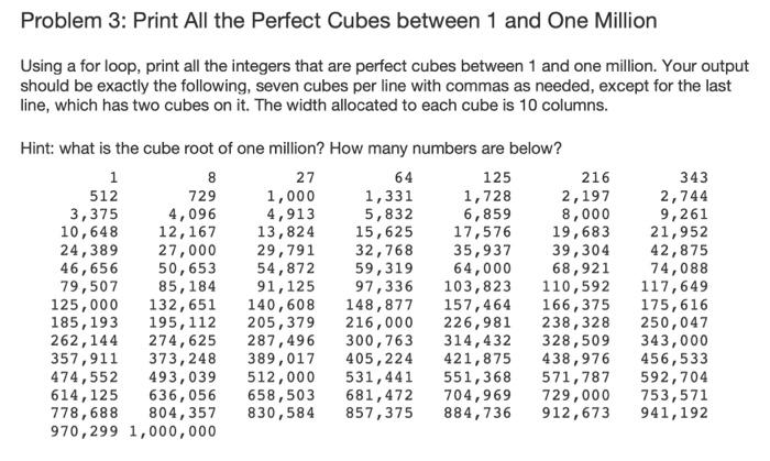 Solved Problem 3: Print All the Perfect Cubes between 1 and | Chegg.com