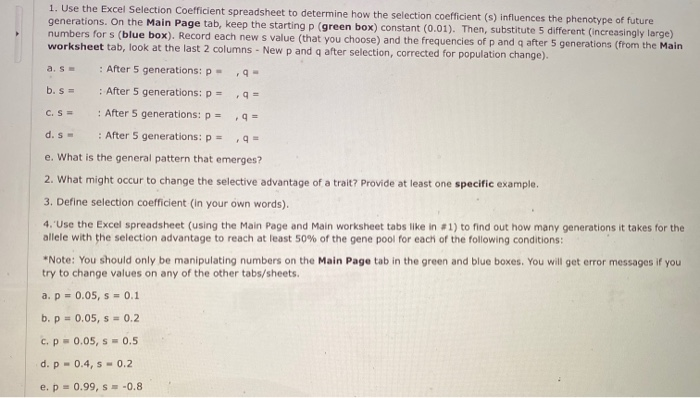 1. Use the Excel Selection Coefficient spreadsheet to | Chegg.com