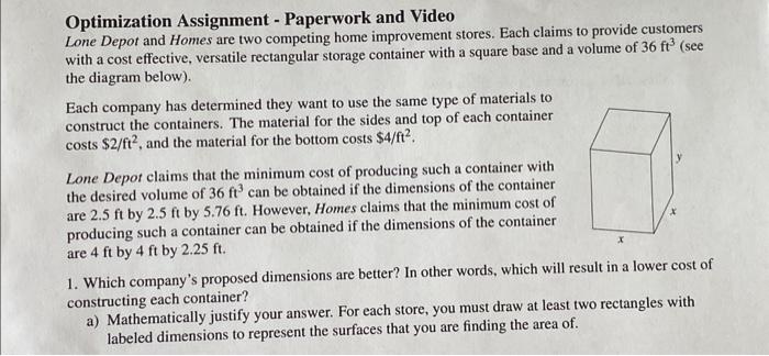 Solved Optimization Assignment - Paperwork and Video Lone | Chegg.com