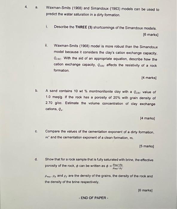 Solved predict the water saturation in a dirty formation. i. | Chegg.com