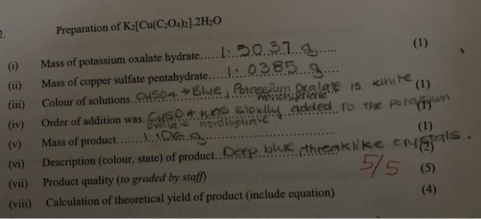Solved 2. (i) (1) (iii) Preparation of K [Cu(C2O4)2].2H2O | Chegg.com