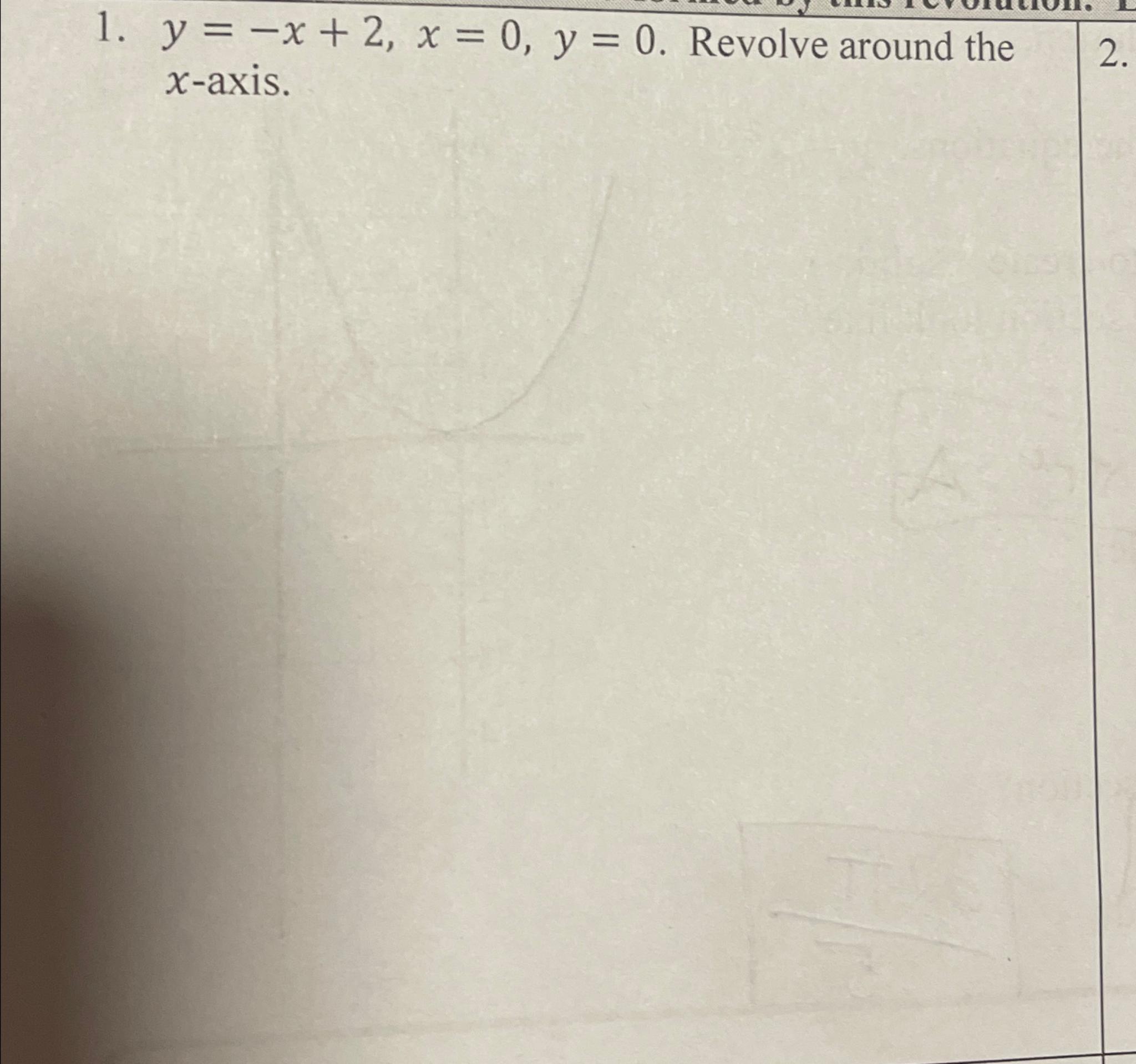 Solved y=-x+2,x=0,y=0. ﻿Revolve around the x-axis. | Chegg.com