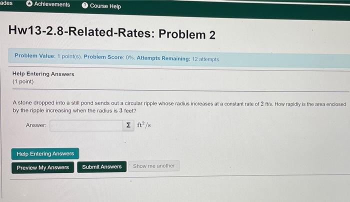 Solved ades Achievements Course Help Hw13-2.8-Related-Rates: | Chegg.com Solved ades Achievements Course Help Hw13-2.8-Related-Rates: | Chegg.com