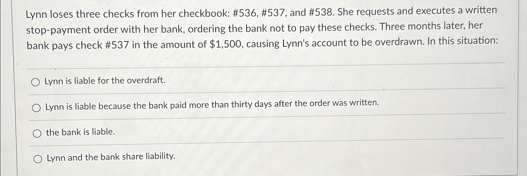 Solved Lynn loses three checks from her checkbook: #536, | Chegg.com
