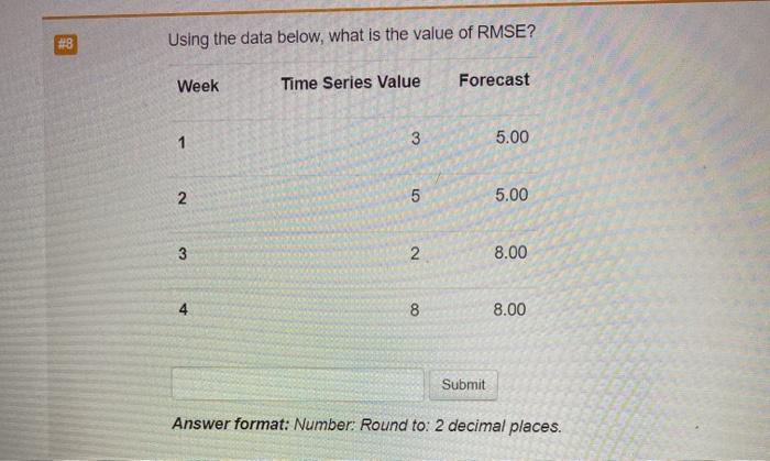 Solved #8 Using the data below, what is the value of RMSE? | Chegg.com