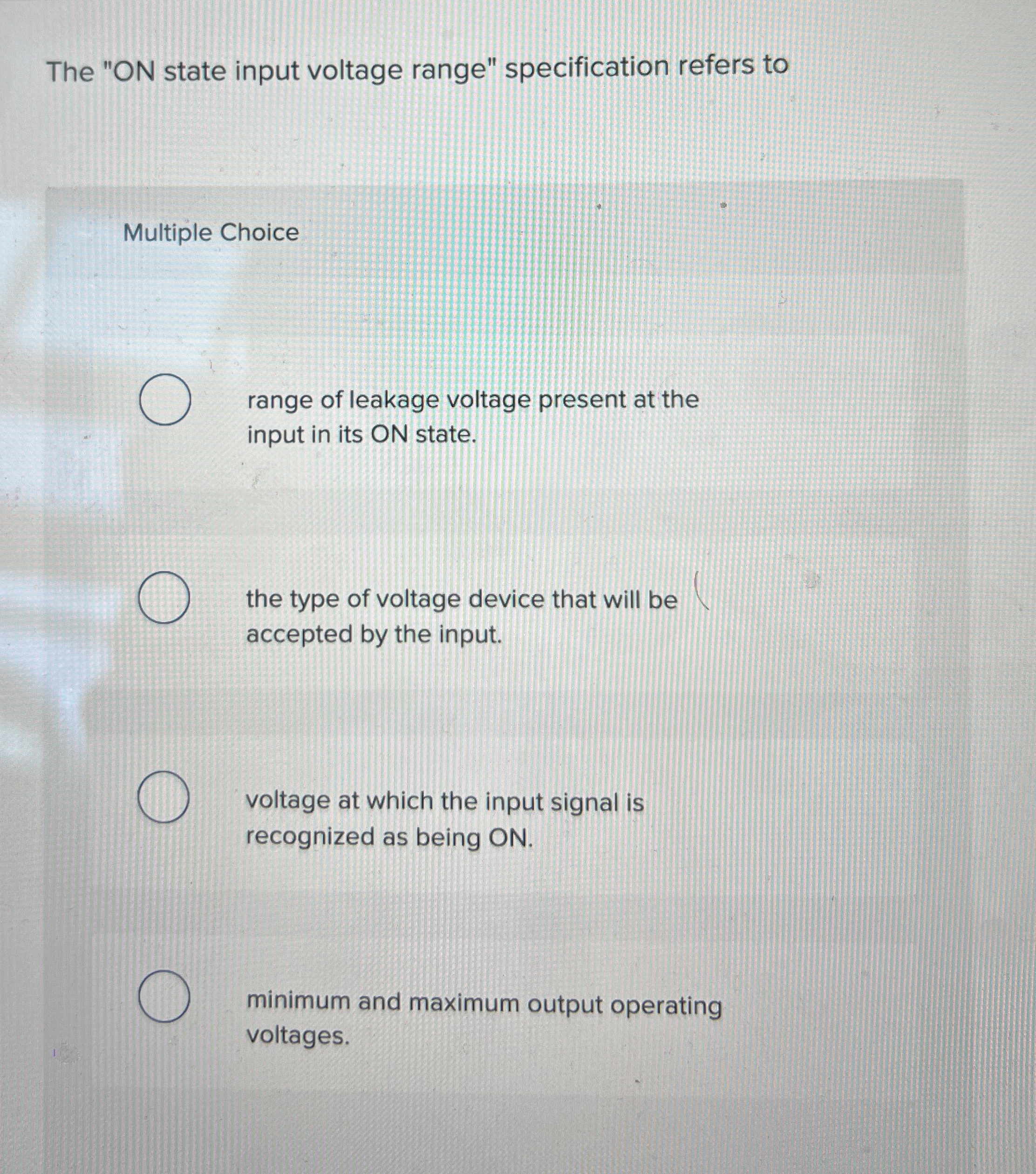 Solved The "ON state input voltage range" specification | Chegg.com