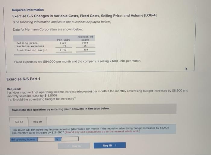 Solved Required information Exercise 6-5 Changes in Variable | Chegg.com