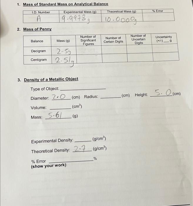 Solved 1. Mass of Standard Mass on Analytical Balance 1.D. | Chegg.com