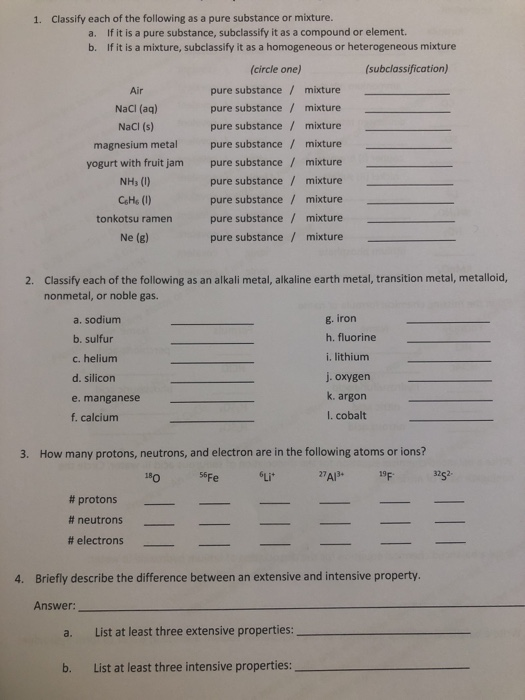 Solved 1. Classify each of the following as a pure substance | Chegg.com