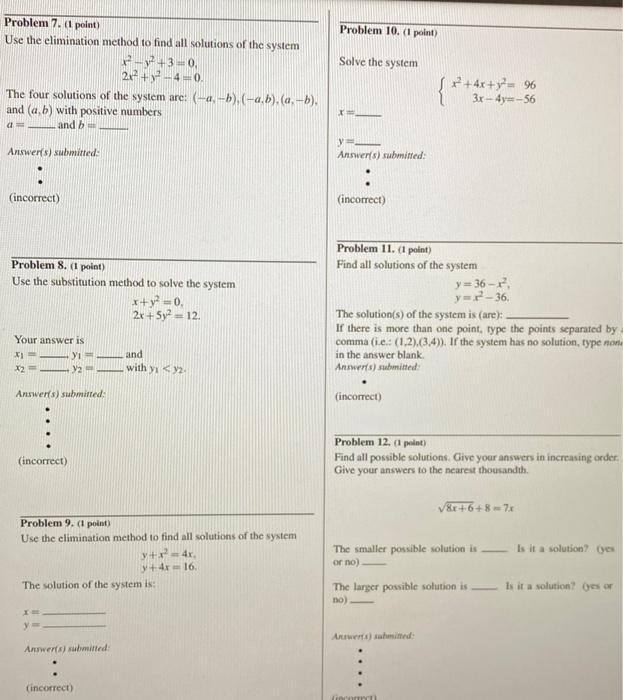 Solved Rroblem 7. (1 point) Use the elimination method to | Chegg.com