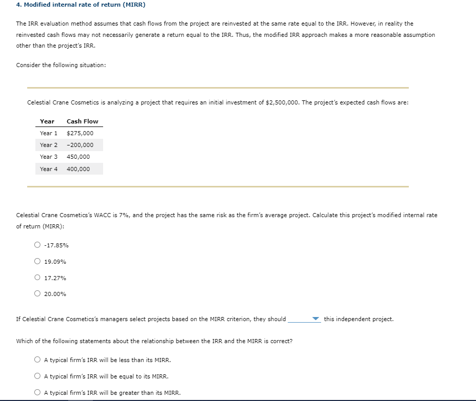 Solved Modified internal rate of return (MIRR)The IRR | Chegg.com