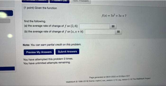 Solved (1 point) Let f(t)=t2+5t+2. Find a value of t such | Chegg.com