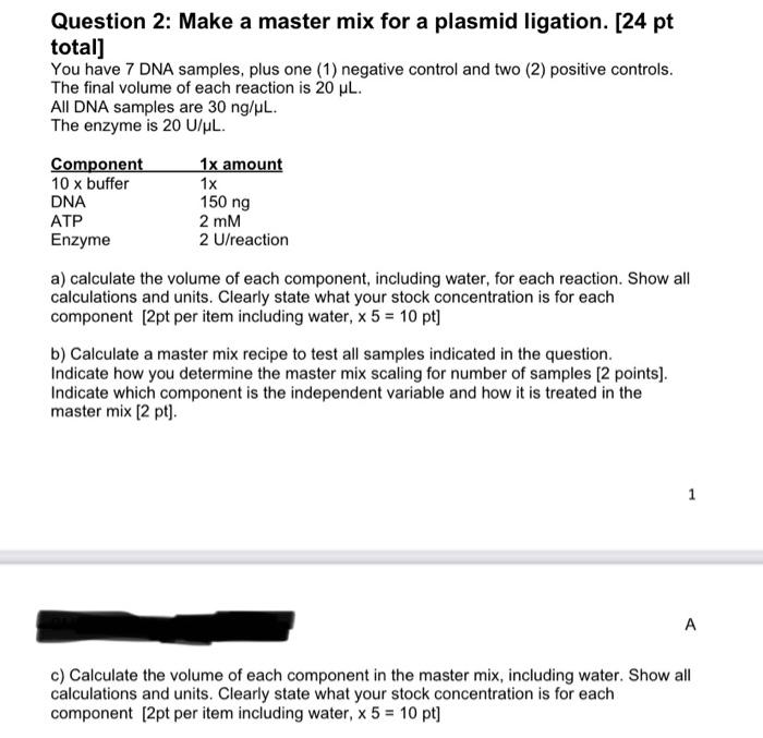 Solved Question 2: Make a master mix for a plasmid ligation. | Chegg.com