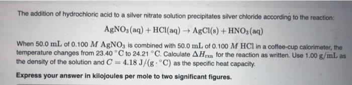 Solved AgNO3(aq)+HCl(aq)→AgCl(s)+HNO3(aq) When 50.0 mL of | Chegg.com