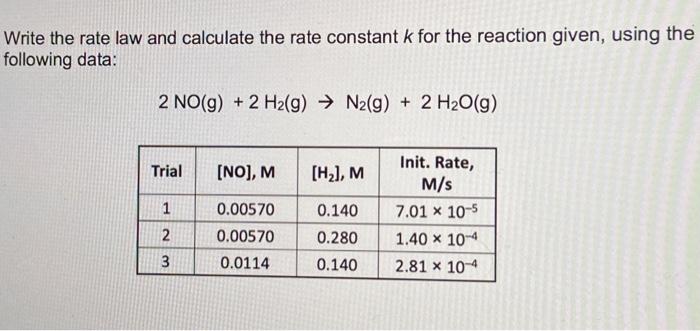 Solved Write the rate law and calculate the rate constant k | Chegg.com