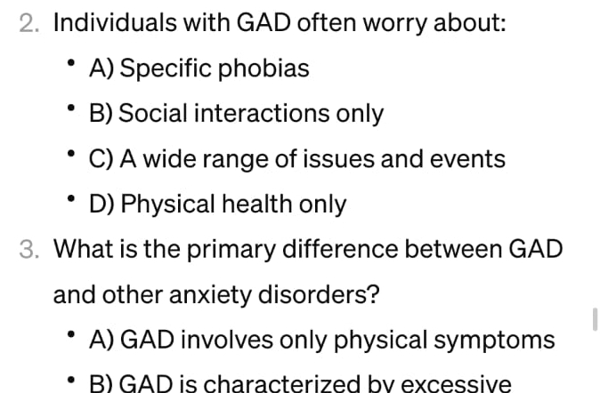 Solved Individuals with GAD often worry about:A) ﻿Specific | Chegg.com