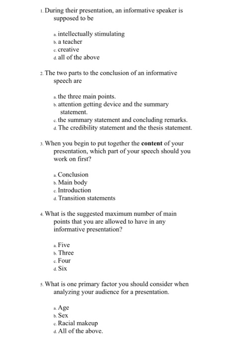 Solved 1. During their presentation, an informative speaker | Chegg.com