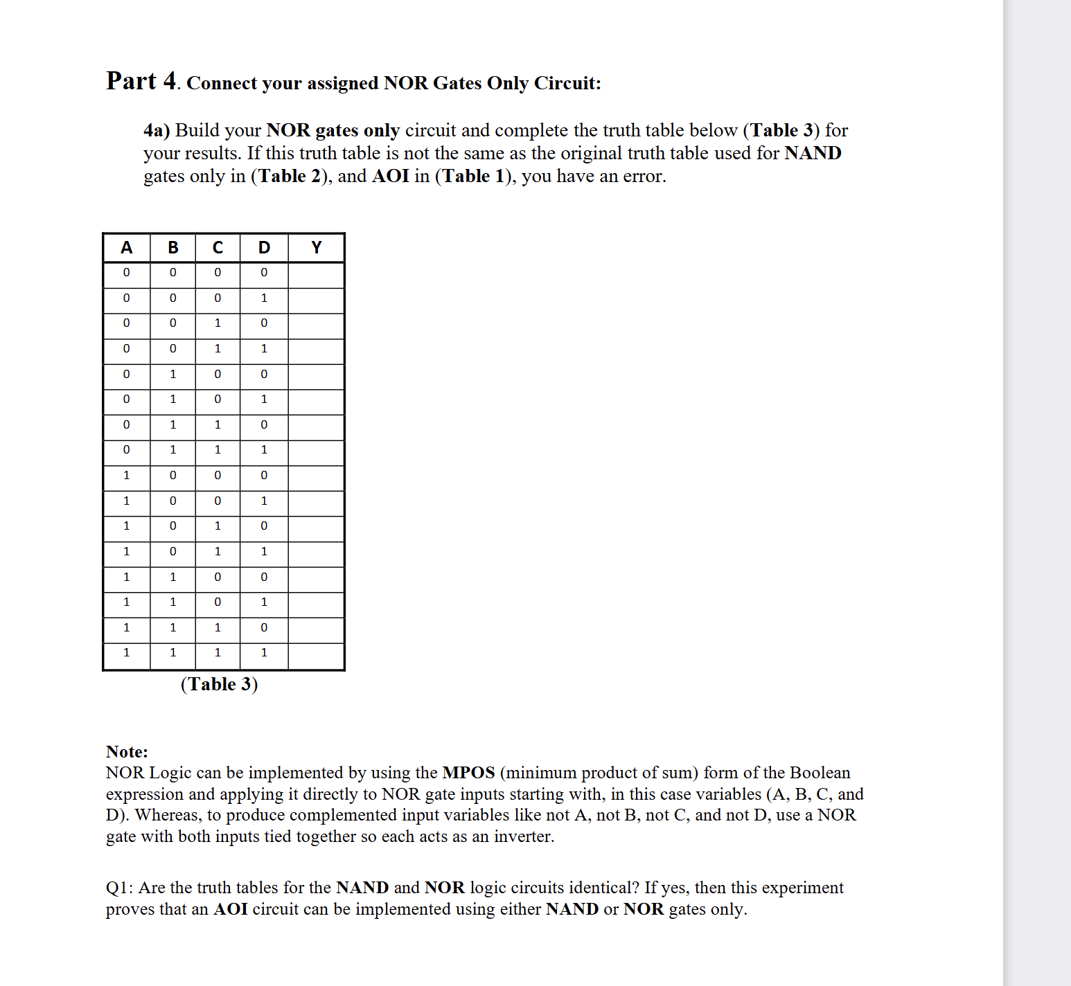 Connect assigned NOR gate only Build your NOR gates | Chegg.com