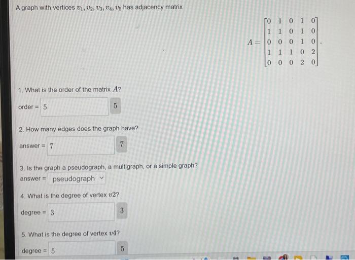 Solved A graph with vertices v1,v2,v3,v4,v5 has adjacency | Chegg.com