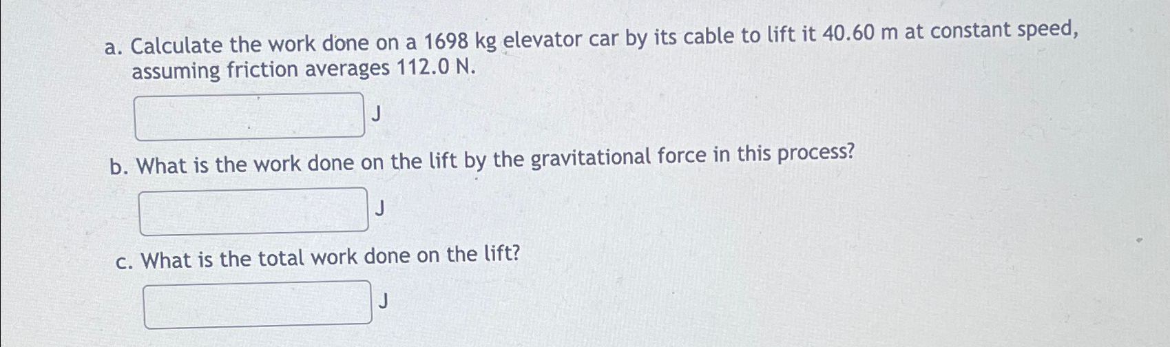 Solved a. ﻿Calculate the work done on a 1698kg ﻿elevator car | Chegg.com