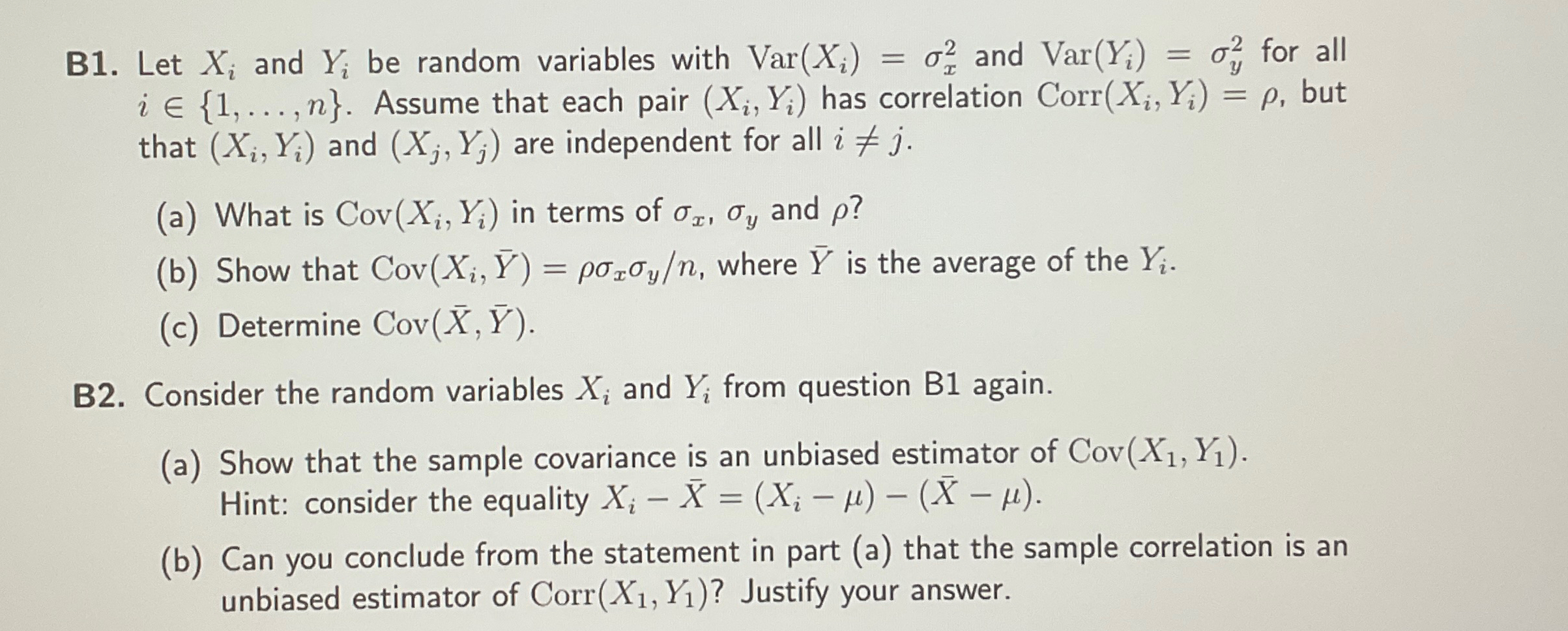 Solved B1. ﻿Let xi ﻿and Yi ﻿be random variables with | Chegg.com
