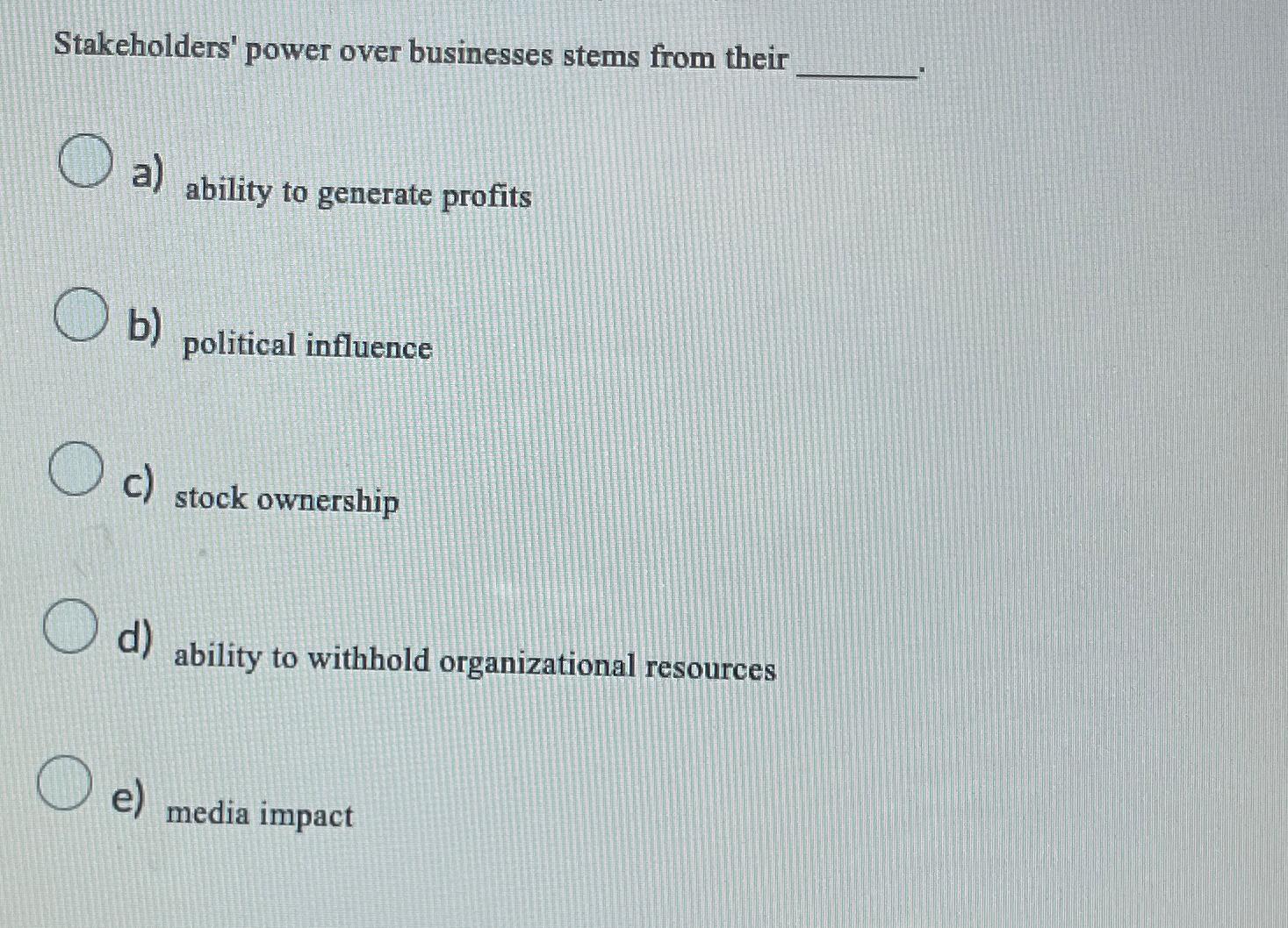 Solved Stakeholders' power over businesses stems from | Chegg.com