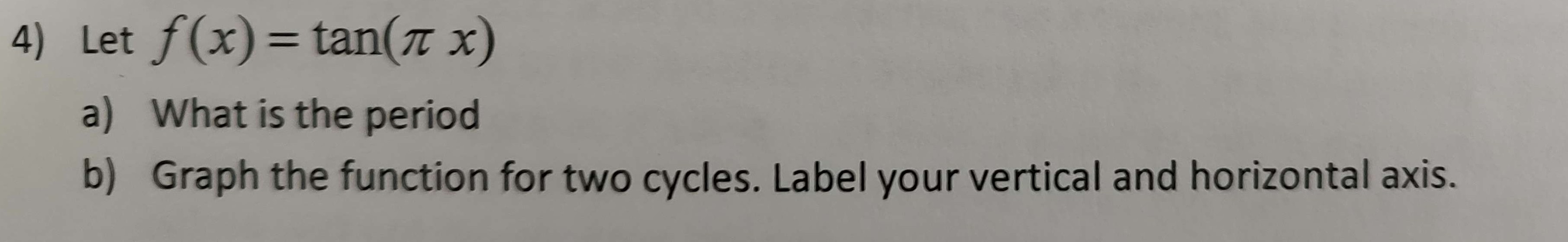 Solved Let f(x)=tan(πx)a) ﻿What is the periodb) ﻿Graph the | Chegg.com