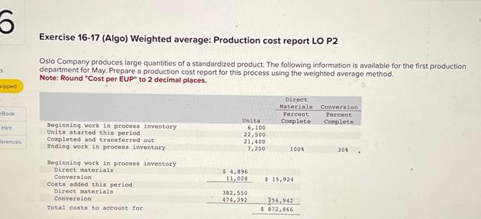 Solved Exercise 16-17 (Algo) Weighted average: Production | Chegg.com