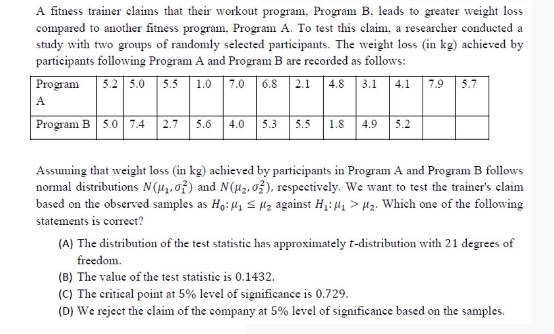 Solved A fitness trainer claims that their workout program, | Chegg.com