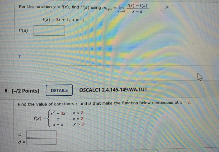 Solved For the function y = f(x), find f'(a) using mtan f(x) | Chegg.com