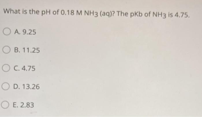 Solved What is the pH of 0.18 M NH3 (aq)? The pkb of NH3 is | Chegg.com