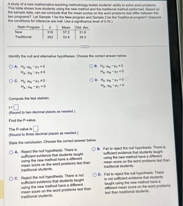 Solved A study of a new mathematics teaching methodology | Chegg.com