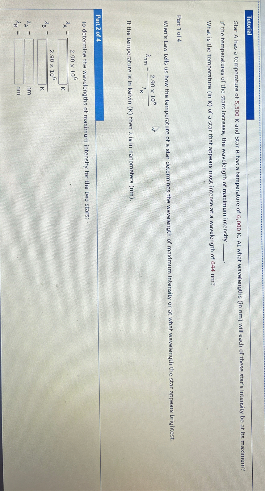 Solved TutorialStar A has a temperature of 5,500K ﻿and Star | Chegg.com