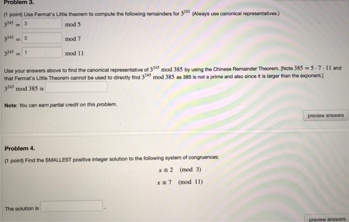Solved Problem 3. (1 point) Use Fermat's Little theorem to | Chegg.com