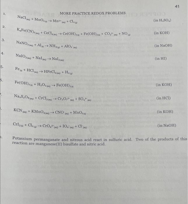 41 1. MORE PRACTICE REDOX PROBLEMS (in H2SO4 ) (in | Chegg.com