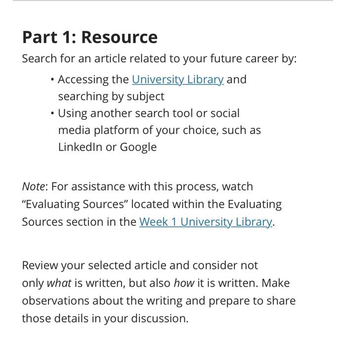 Part 1: Resource Search for an article related to | Chegg.com