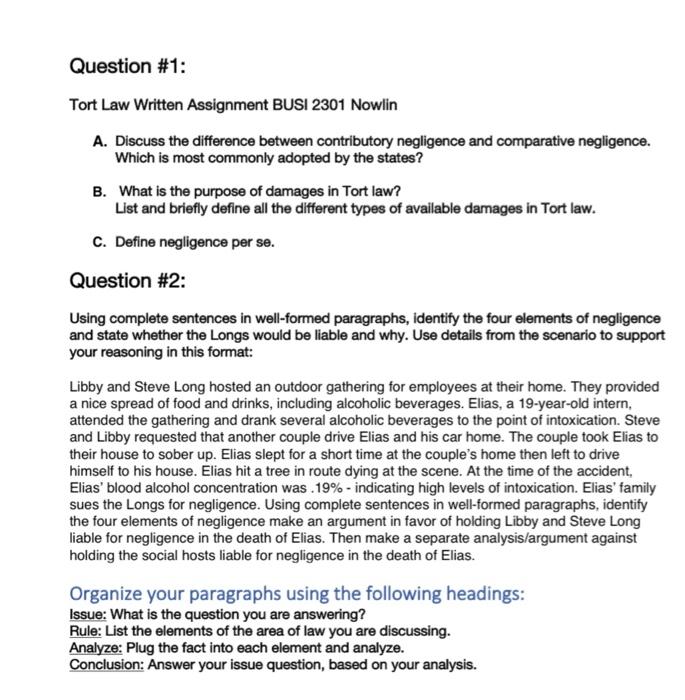 Solved Question #1: Tort Law Written Assignment BUSI 2301 | Chegg.com