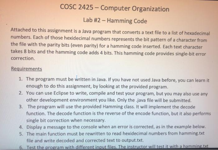 Solved COSC 2425 - Computer Organization Lab #2 - Hamming | Chegg.com