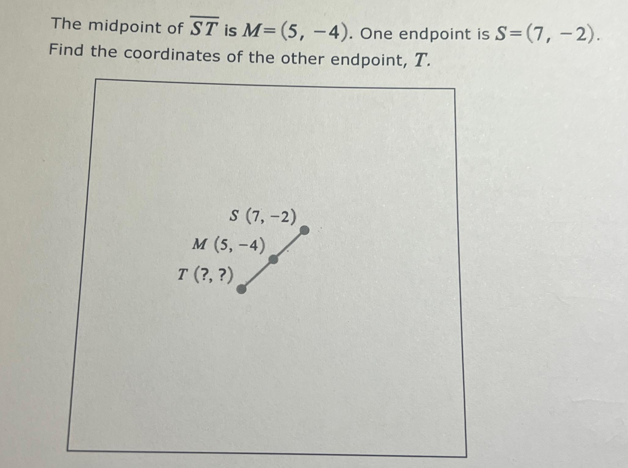 Solved The midpoint of ?bar (ST) ﻿is M=(5,-4). ﻿One endpoint | Chegg.com