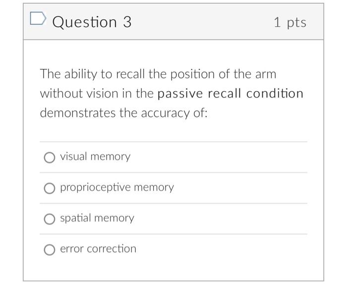 Solved Question 3 1 pts The ability to recall the position | Chegg.com