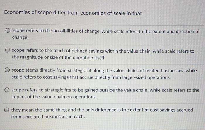 Solved Economies of scope differ from economies of scale in | Chegg.com