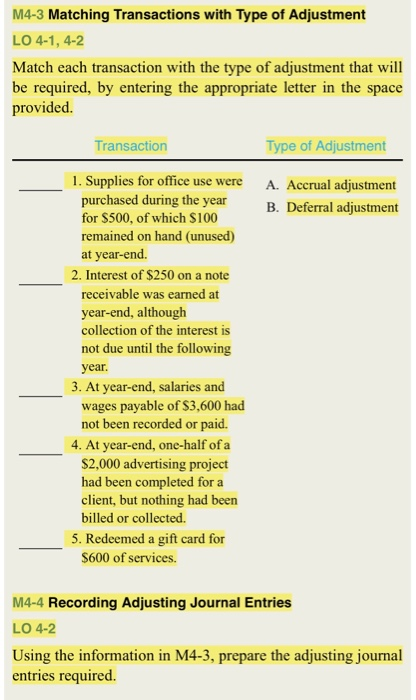 Solved M4-3 Matching Transactions with Type of Adjustment LO | Chegg.com