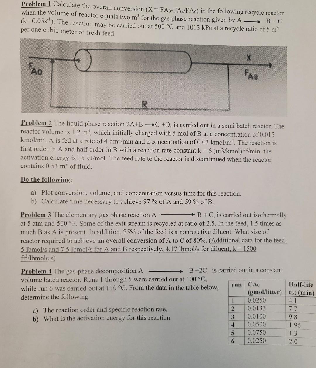 Solved Problem 1 Calculate the overall conversion (X = | Chegg.com