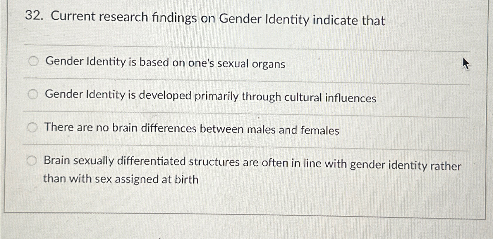 Solved Current research findings on Gender Identity indicate | Chegg.com