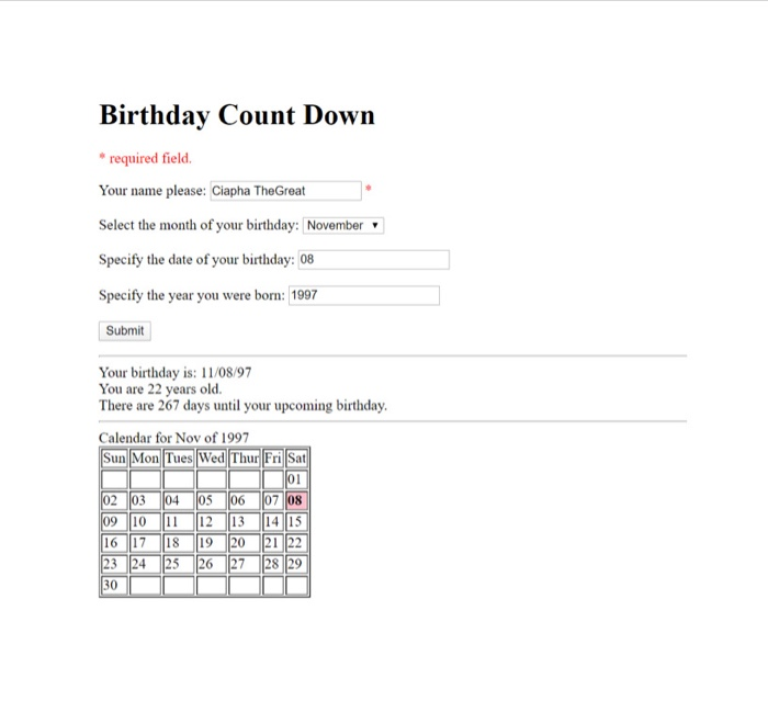 Solved Birthday Count Down required field Your name please: | Chegg.com