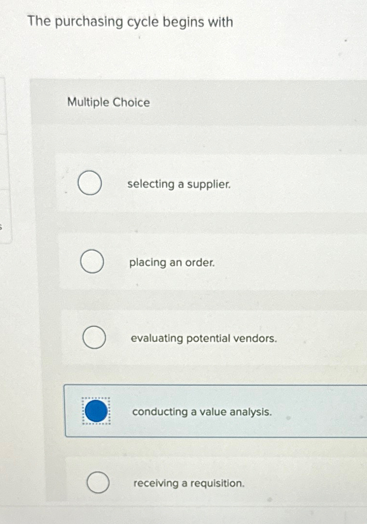 Solved The purchasing cycle begins with Multiple Choice | Chegg.com