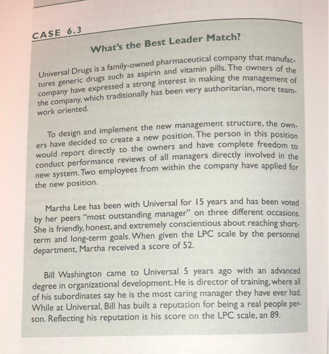 Solved CASE 6.3 What's the Best Leader Match? Universal | Chegg.com