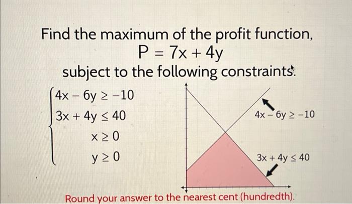 Find the maximum of the profit function, P=7x+4y | Chegg.com