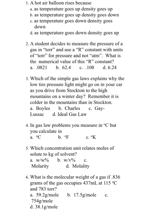 Solved 1. A hot air balloon rises because a. as temperature | Chegg.com
