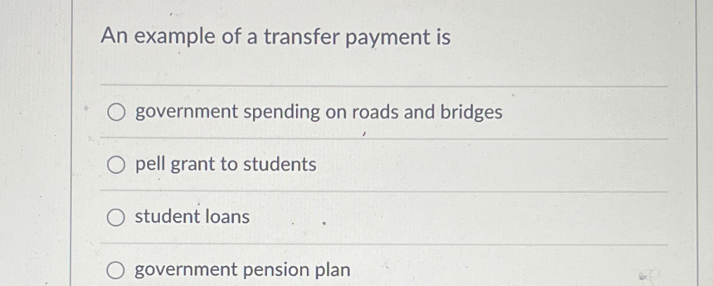 Solved An example of a transfer payment isgovernment | Chegg.com